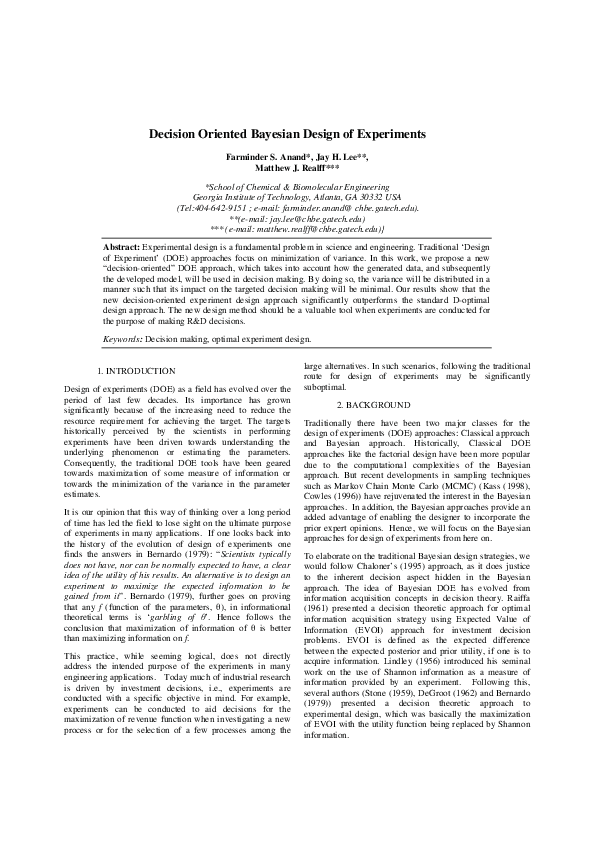 (PDF) Decision oriented Bayesian design of experiments