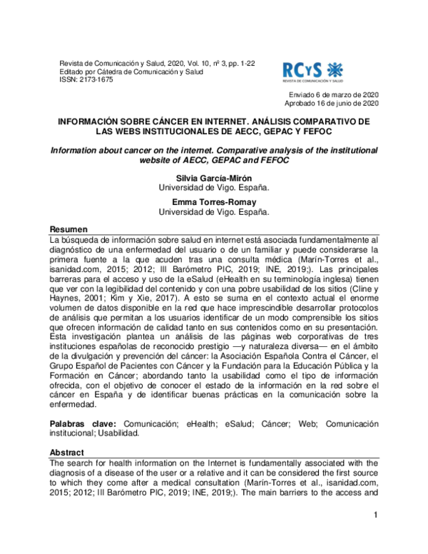 (PDF) Información sobre cáncer en internet. Análisis comparativo de las ...