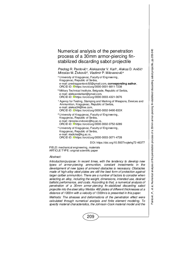 (PDF) Numerical analysis of the penetration process of a 30mm armor ...