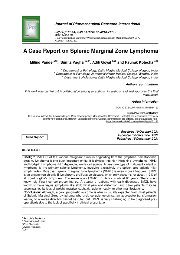(PDF) A Case Report on Splenic Marginal Zone Lymphoma