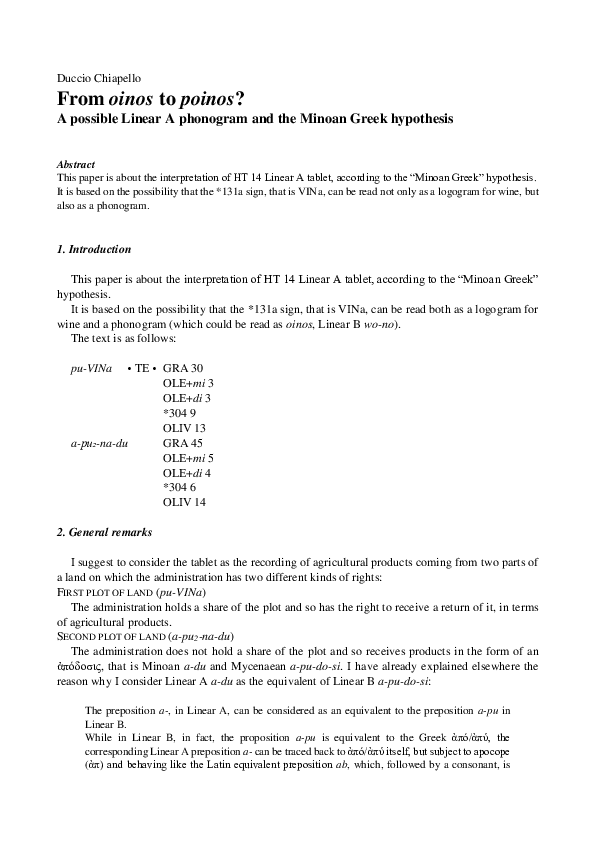 (PDF) From oinos to poinos? A possible Linear A phonogram and the ...