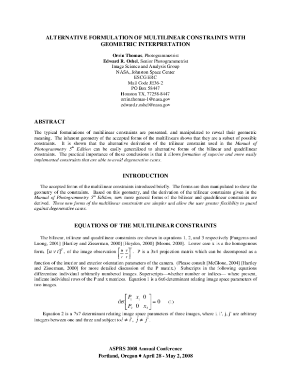 (PDF) Alternative Formulation of Multilinear Constraints with Geometric Interpretation | Edward ...