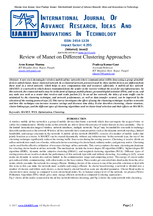 (PDF) Review of MANET on different Clustering approaches | Pradeep Gaur - Academia.edu