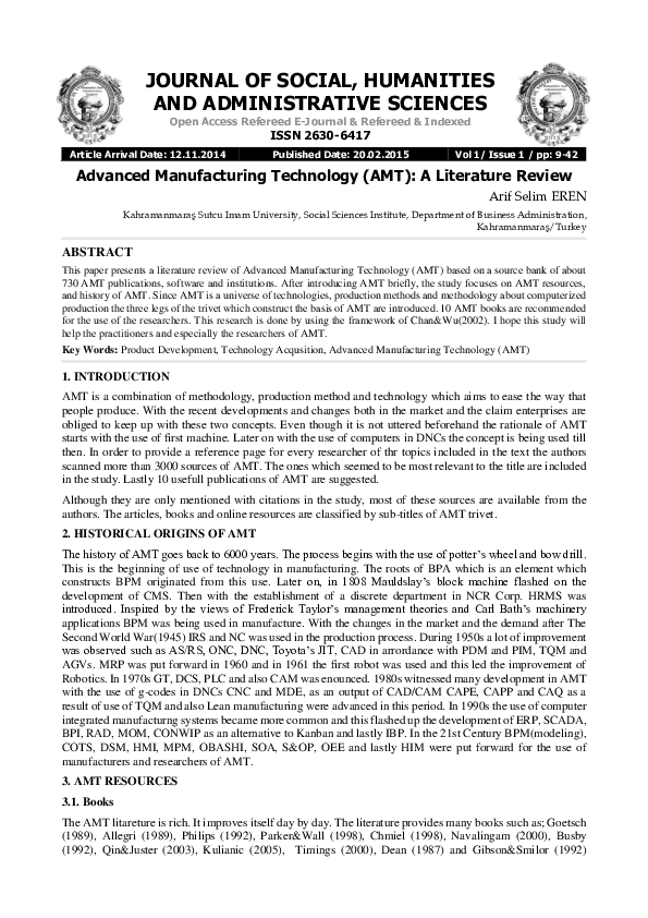 (PDF) Advanced Manufacturing Technology (Amt): A Literature Review