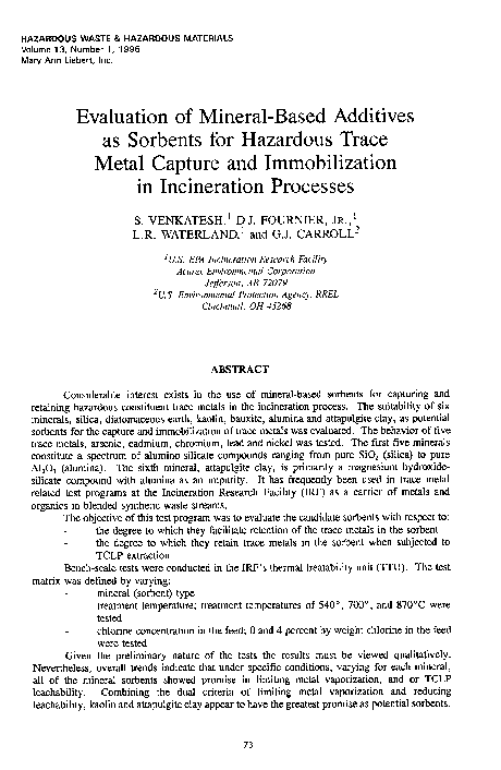 (PDF) Evaluation of Mineral-Based Additives as Sorbents for Hazardous ...