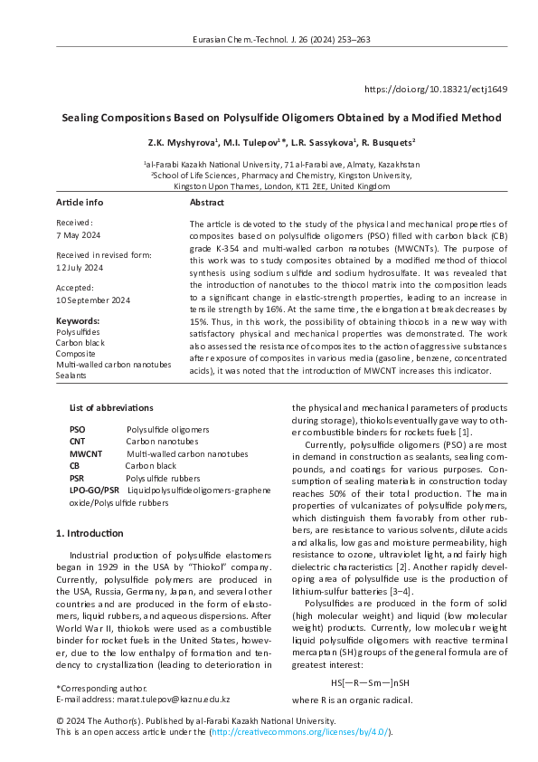 (PDF) Sealing Compositions Based on Polysulfide Oligomers Obtained by a Modified Method