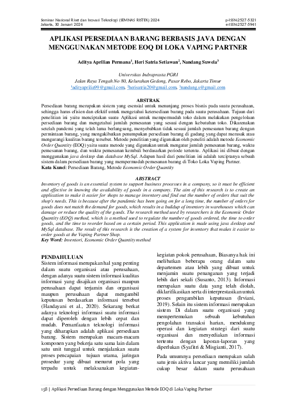 (PDF) Aplikasi Persediaan Barang Berbasis Java Dengan Menggunakan Metode Eoq DI Loka Vaping Partner