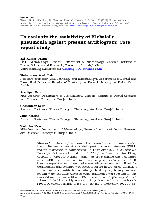 (PDF) To evaluate the resistivity of Klebsiella pneumonia against ...