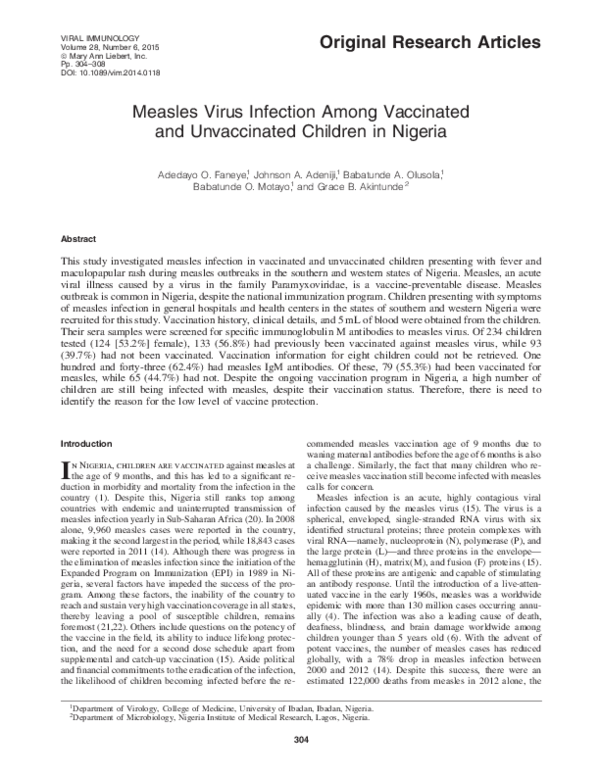 (PDF) Measles Virus Infection Among Vaccinated and Unvaccinated Children in Nigeria | Grace ...