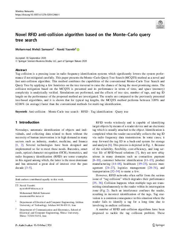 Pdf Novel Rfid Anti Collision Algorithm Based On The Montecarlo Query Tree Search Navid