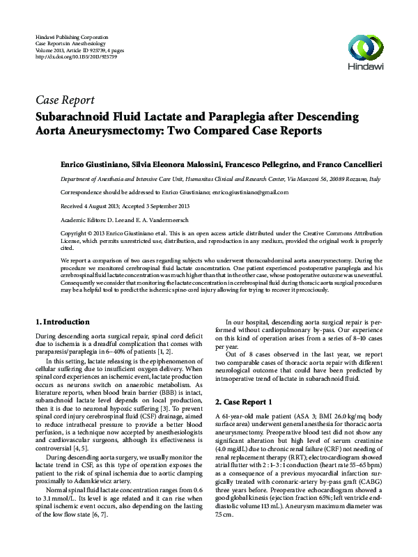 (PDF) Subarachnoid Fluid Lactate and Paraplegia after Descending Aorta ...