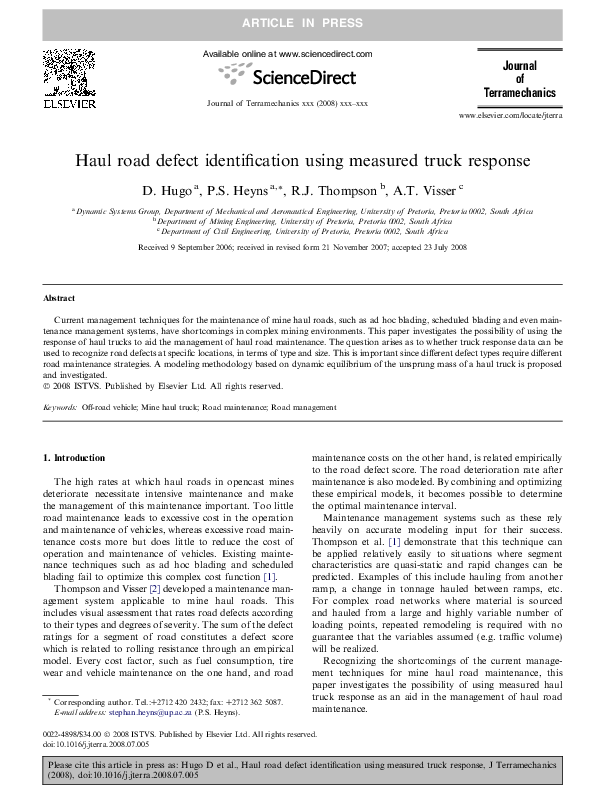 (PDF) Haul road defect identification using measured truck response