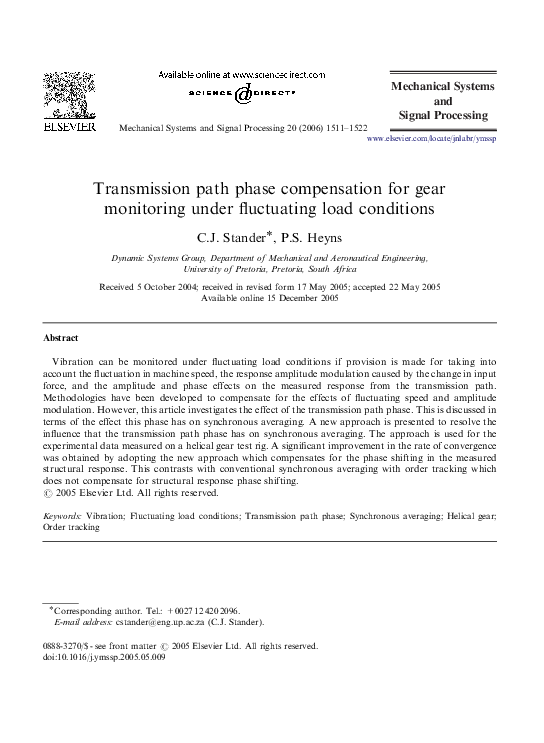 (PDF) Transmission path phase compensation for gear monitoring under ...