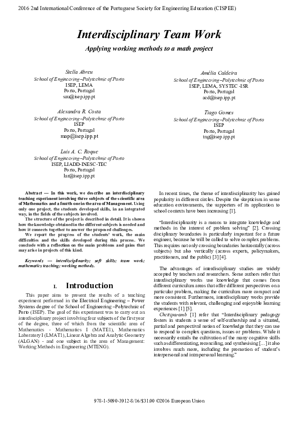 (PDF) Interdisciplinary team work applying working methods to a math ...