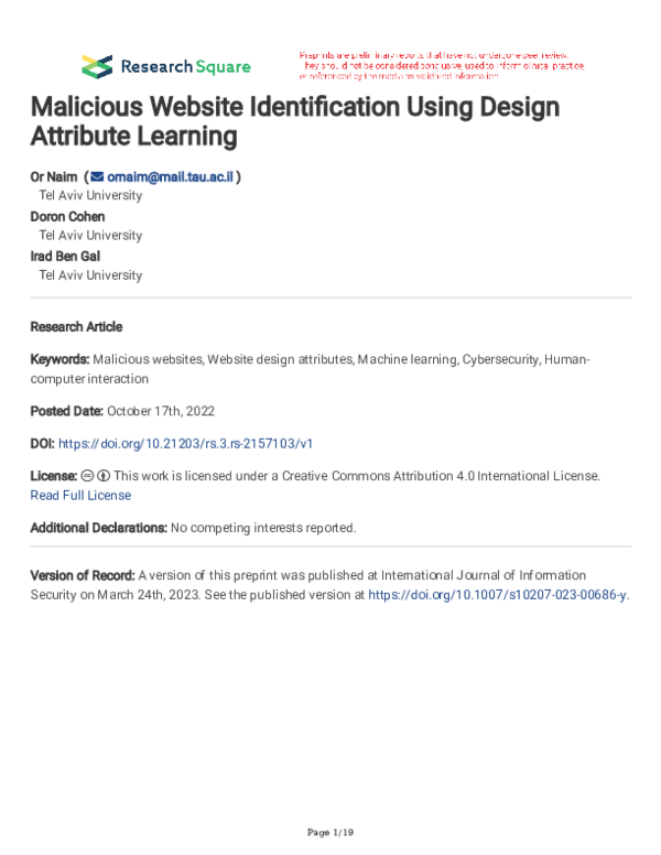 Pdf Malicious Website Identification Using Design Attribute Learning