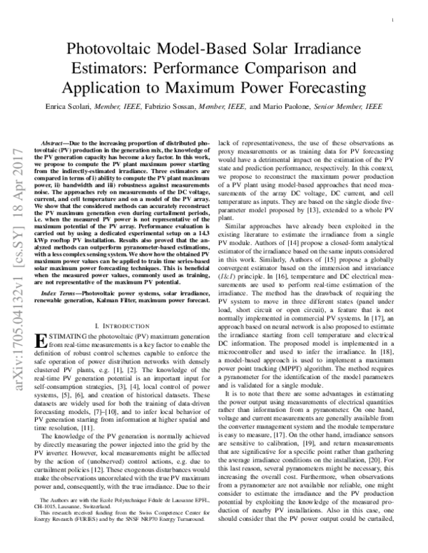 (PDF) Photovoltaic Model-Based Solar Irradiance Estimators: Performance Comparison and ...
