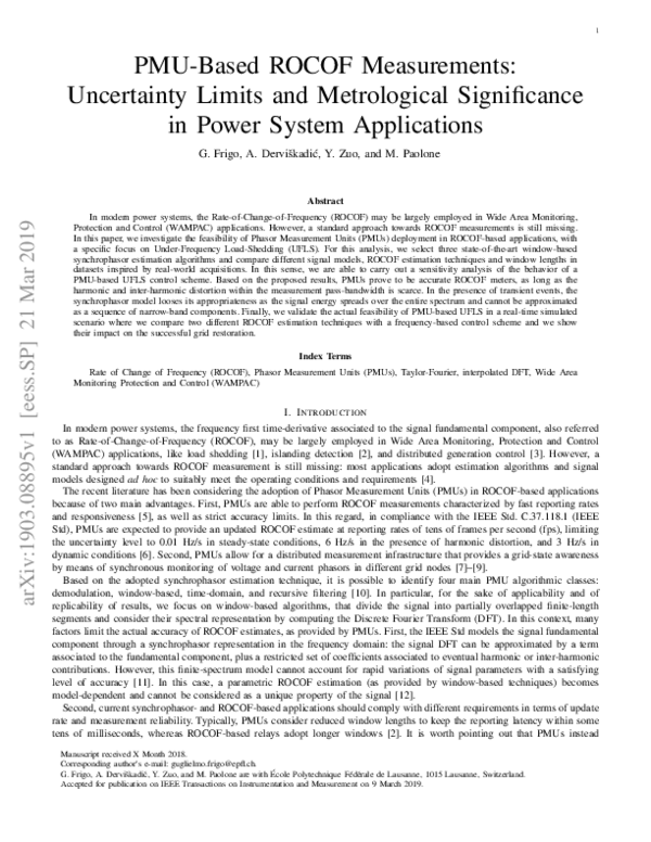 (PDF) PMU-Based ROCOF Measurements: Uncertainty Limits and Metrological ...