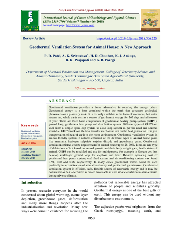 (PDF) Geothermal Ventilation System for Animal House: A New Approach