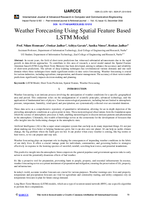 (PDF) Weather Forecasting Using Spatial Feature Based LSTM Model