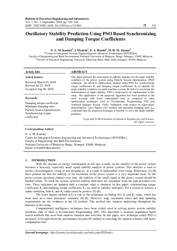 (PDF) Oscillatory Stability Prediction Using PSO Based Synchronizing and Damping Torque Coefficients