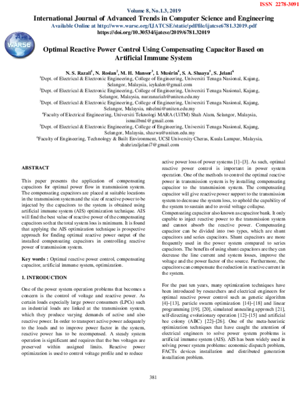 (PDF) Optimal Reactive Power Control Using Compensating Capacitor Based on Artificial Immune System