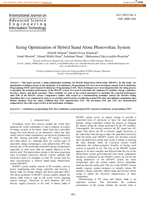 (PDF) Sizing Optimization of Hybrid Stand Alone Photovoltaic System