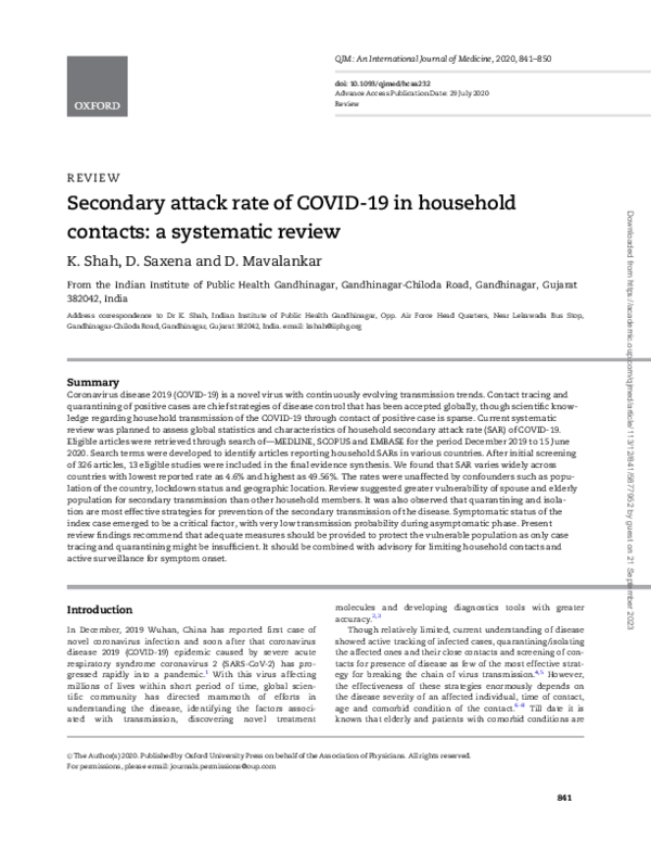 (PDF) Secondary attack rate of COVID-19 in household contacts: a ...