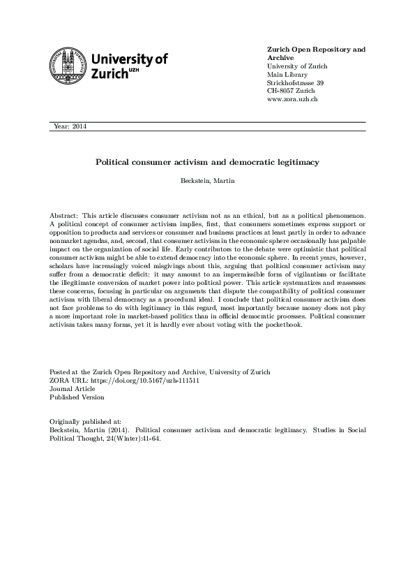 (PDF) Political consumer activism and democratic legitimacy