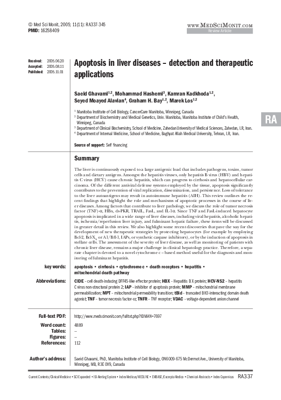 (PDF) Apoptosis in liver diseases--detection and therapeutic applications