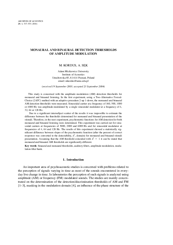 (PDF) Monaural and binaural detection thresholds of amplitude modulation