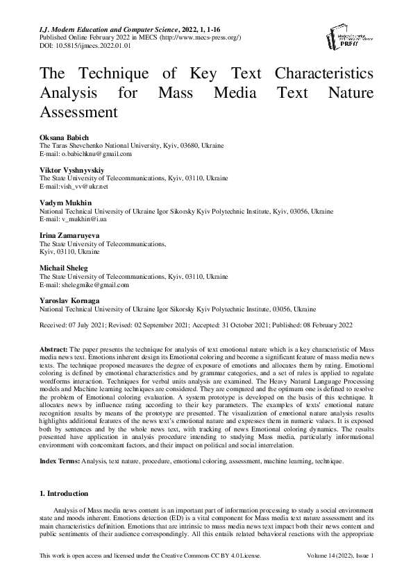 (PDF) The Technique of Key Text Characteristics Analysis for Mass Media ...