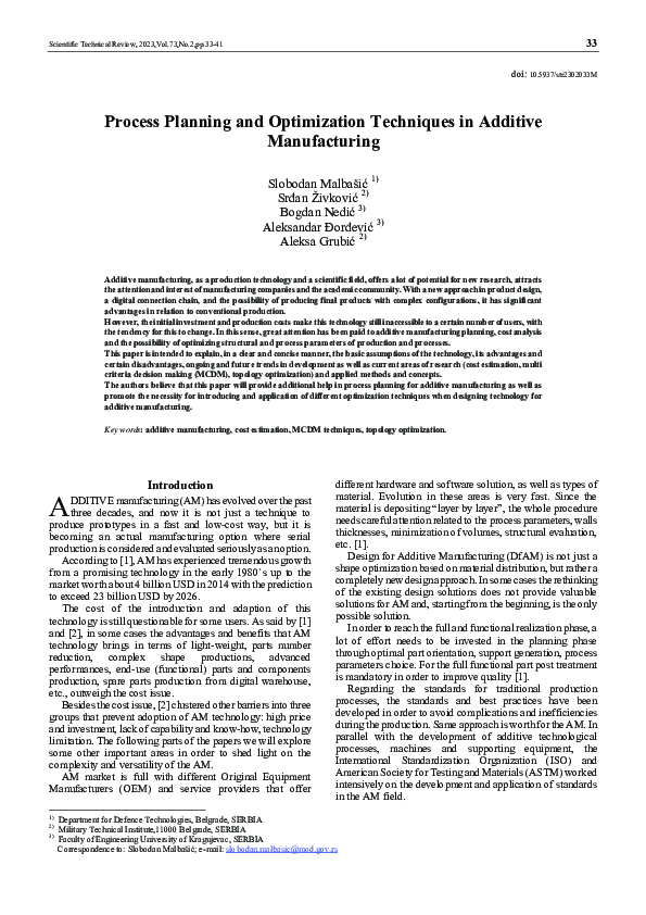 (PDF) Process planning and optimization techniques in additive manufacturing