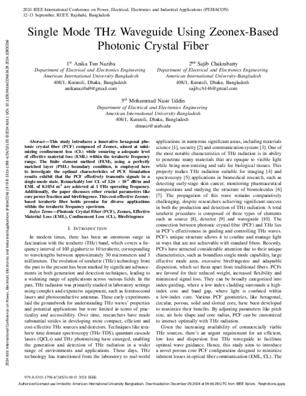 (PDF) Single Mode THz Waveguide Using Zeonex-Based Photonic Crystal Fiber