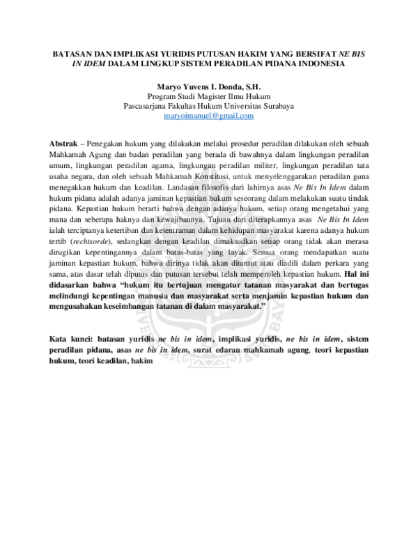 (PDF) Batasan dan Implikasi Yuridis Putusan Hakim yang Bersifat NE BIS IN IDEM dalam Lingkup ...