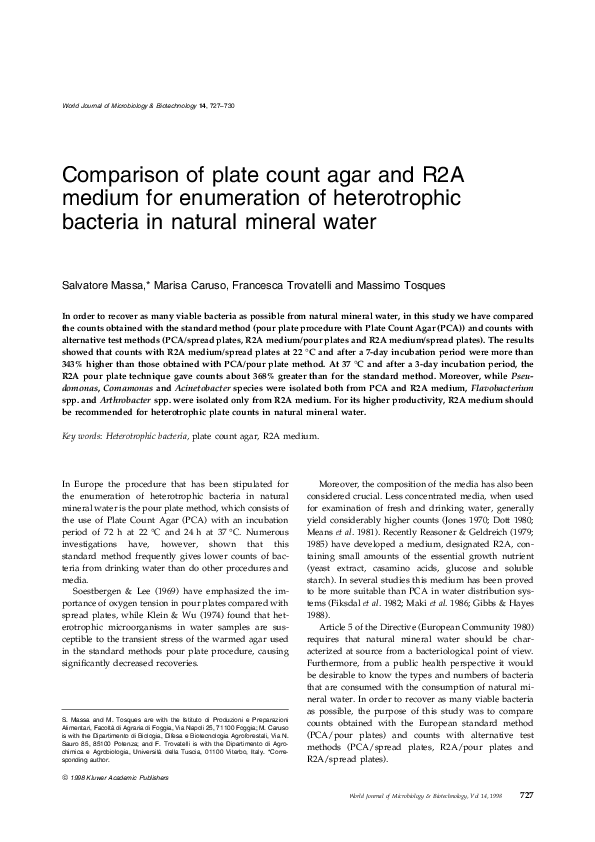 (PDF) Comparison of plate count agar and R2A medium for enumeration of ...