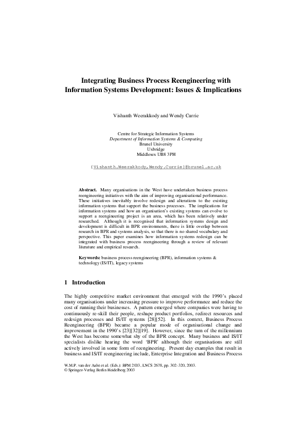 (PDF) Integrating Business Process Reengineering with Information Systems Development: Issues ...