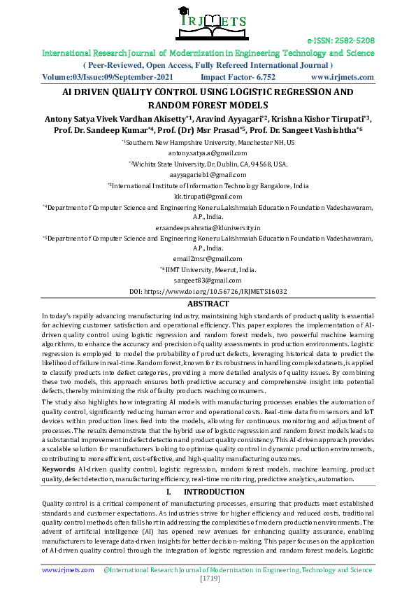 (PDF) AI DRIVEN QUALITY CONTROL USING LOGISTIC REGRESSION AND RANDOM FOREST MODELS