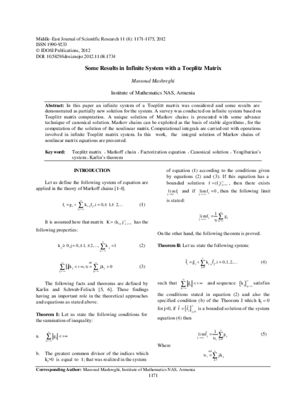 (PDF) Some Results in Infinite System with a Toeplitz Matrix