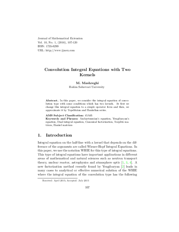 (PDF) Convolution Integral Equations with Two Kernels