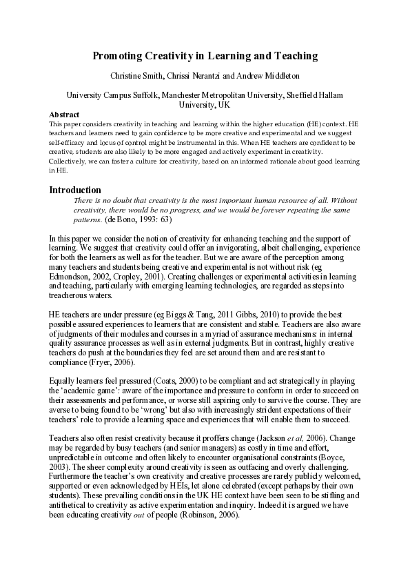 (PDF) Promoting Creativity in Learning and Teaching