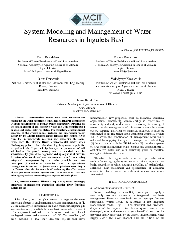 (PDF) Modeling and Management of Ingulets Water Resources