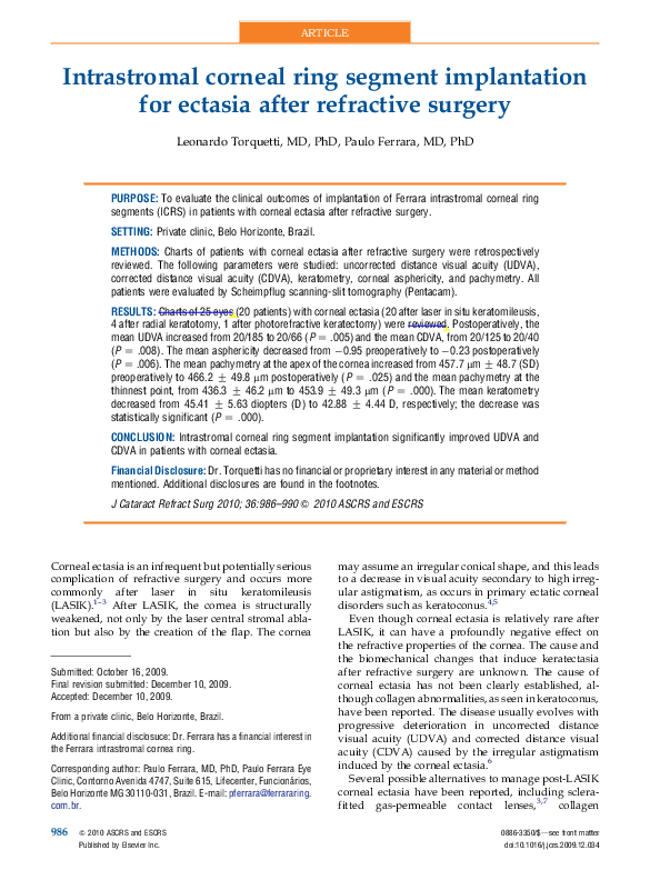 (PDF) Intrastromal corneal ring segment implantation for ectasia after ...