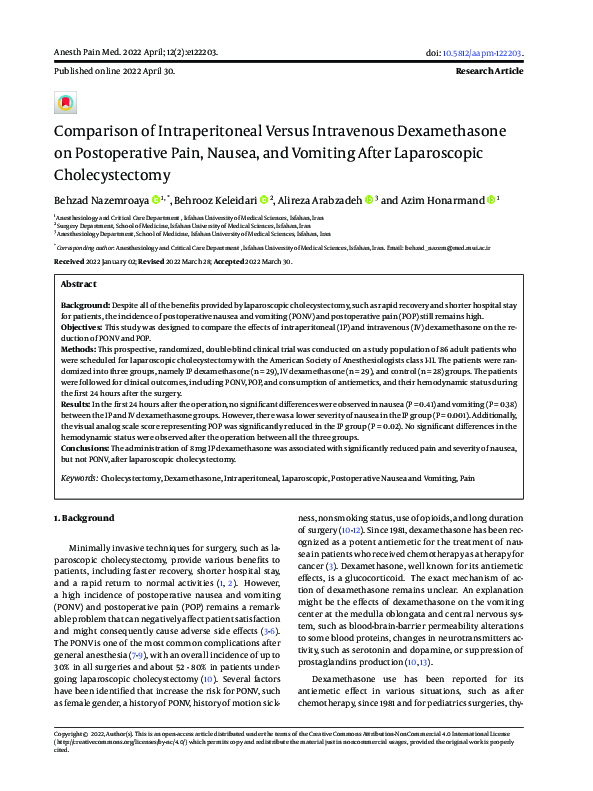 (PDF) Comparison of Intraperitoneal Versus Intravenous Dexamethasone on ...