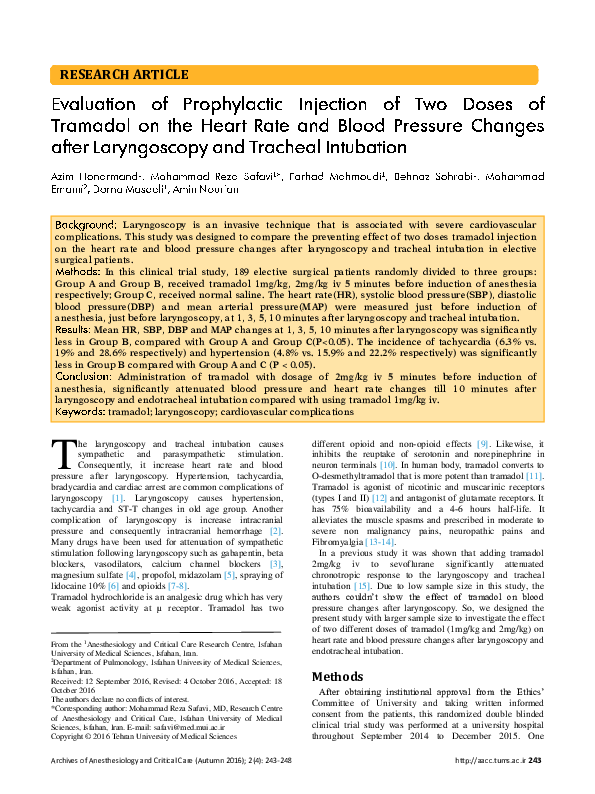 (PDF) Evaluation of Prophylactic Injection of Two Doses of Tramadol on ...