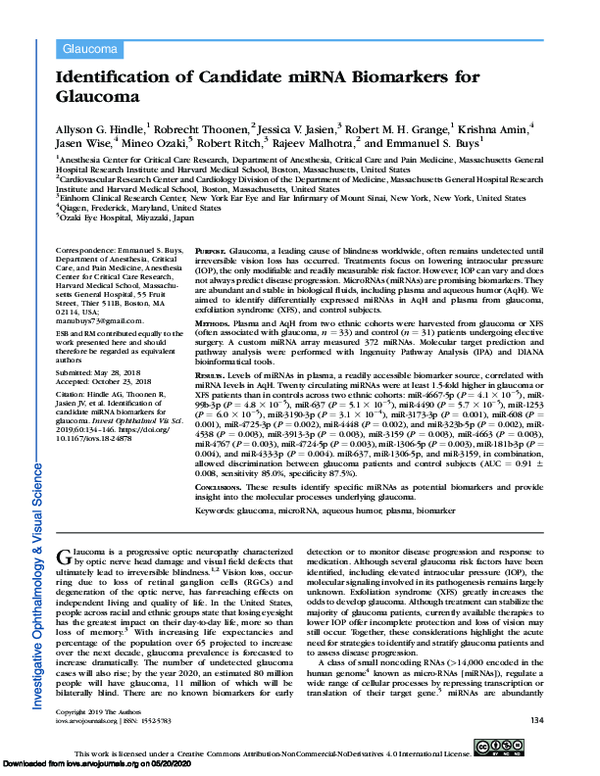 (PDF) Identification of Candidate miRNA Biomarkers for Glaucoma (PDF) Identification of Candidate miRNA Biomarkers for Glaucoma