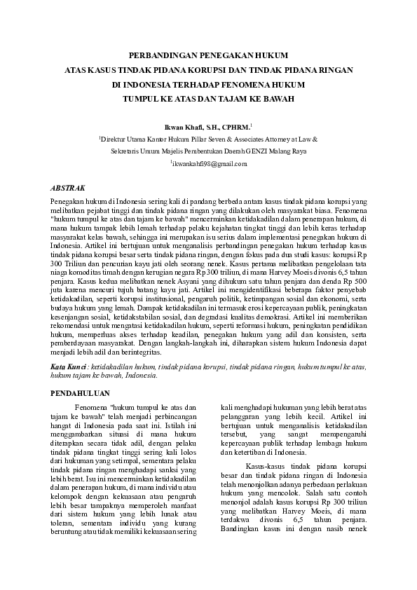 (PDF) PERBANDINGAN PENEGAKAN HUKUM ATAS KASUS TINDAK PIDANA KORUPSI DAN TINDAK PIDANA RINGAN DI ...