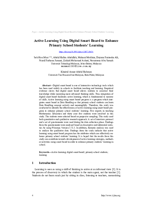 (PDF) Active Learning Using Digital Smart Board to Enhance Primary School Students’ Learning