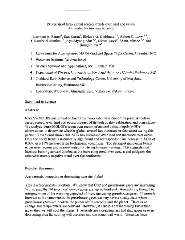 (PDF) Recent Short Term Global Aerosol Trends over Land and Ocean ...