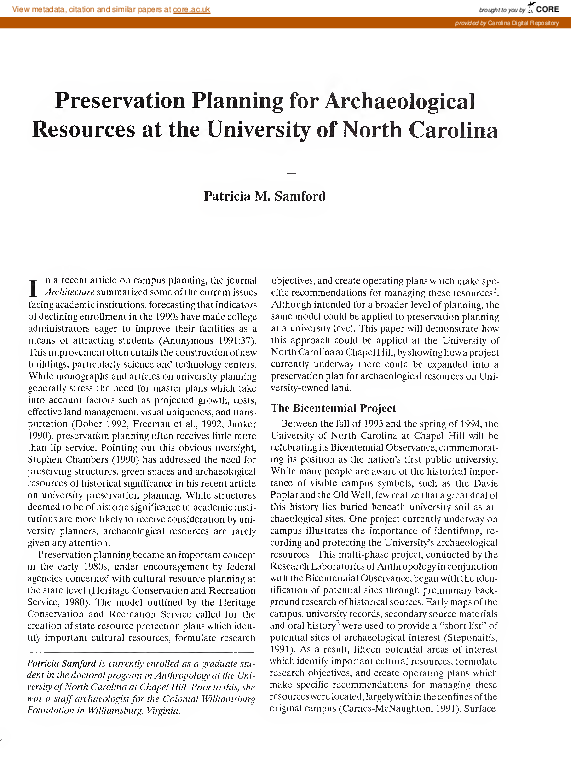 (PDF) Preservation Planning for Archaeological Resources at the ...