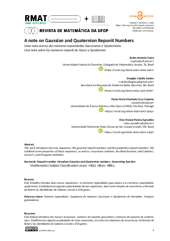 (PDF) A note on Gaussian and Quaternion Repunit Numbers